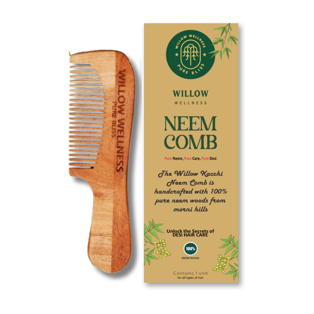 Willow Kacchi Neem Comb - Fine Tooth With Handle Wooden Neem Comb